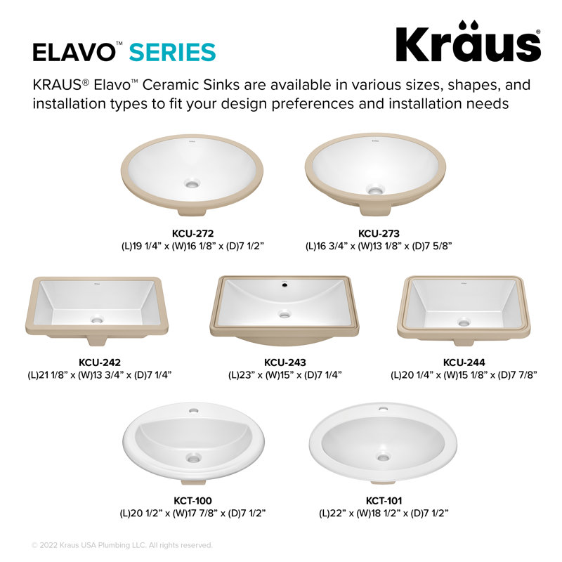 KRAUS Elavo. Oval Porcelain Ceramic Undermount Bathroom Sink In White With Overflow Drain, KCU ...